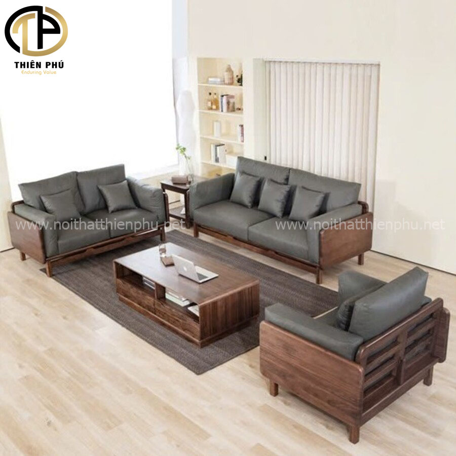 Sofa gỗ óc Chó TP123 hiện đại, đệm da cao cấp
